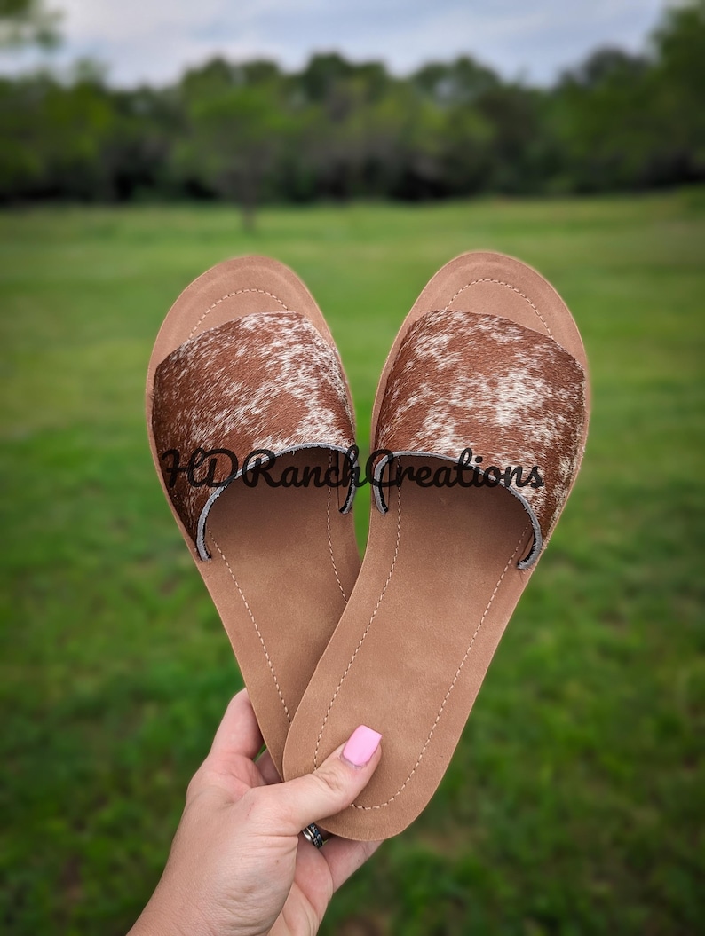 Cowhide Leather Sandals- Western Slides - Etsy