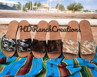 Ranch Style Genuine Cowhide Slides Salt & Pepper Sandals 100% Leather ...