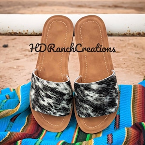 Cowhide Leather Sandals- Western Slides - Etsy