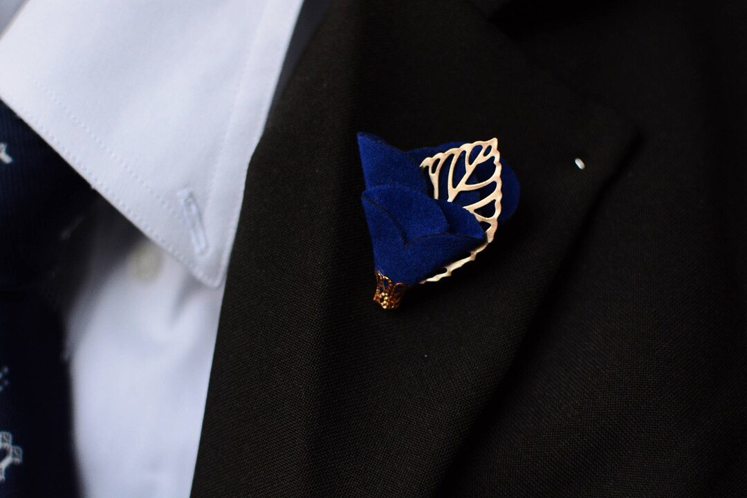 Royal Blue Handmade Gold Leaf Flower Handcrafted Lapel Pin Fashion ...