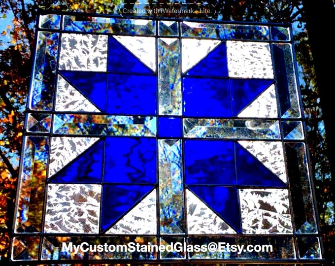 Stained Glass Window Hanging Panel Star Quilt Block Square Pattern Blue ...