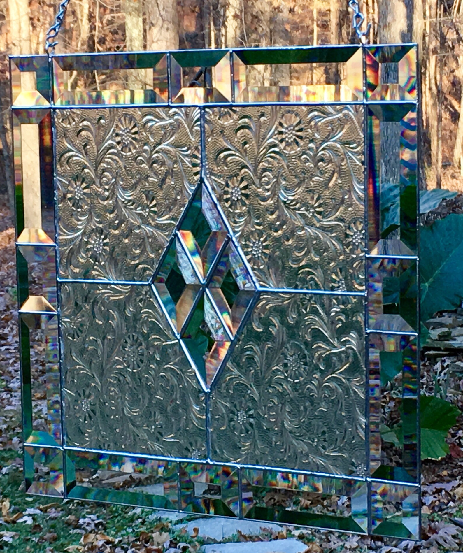 Stained Glass Window Hanging Panel Floral Clear Textured Frosted Bevels ...