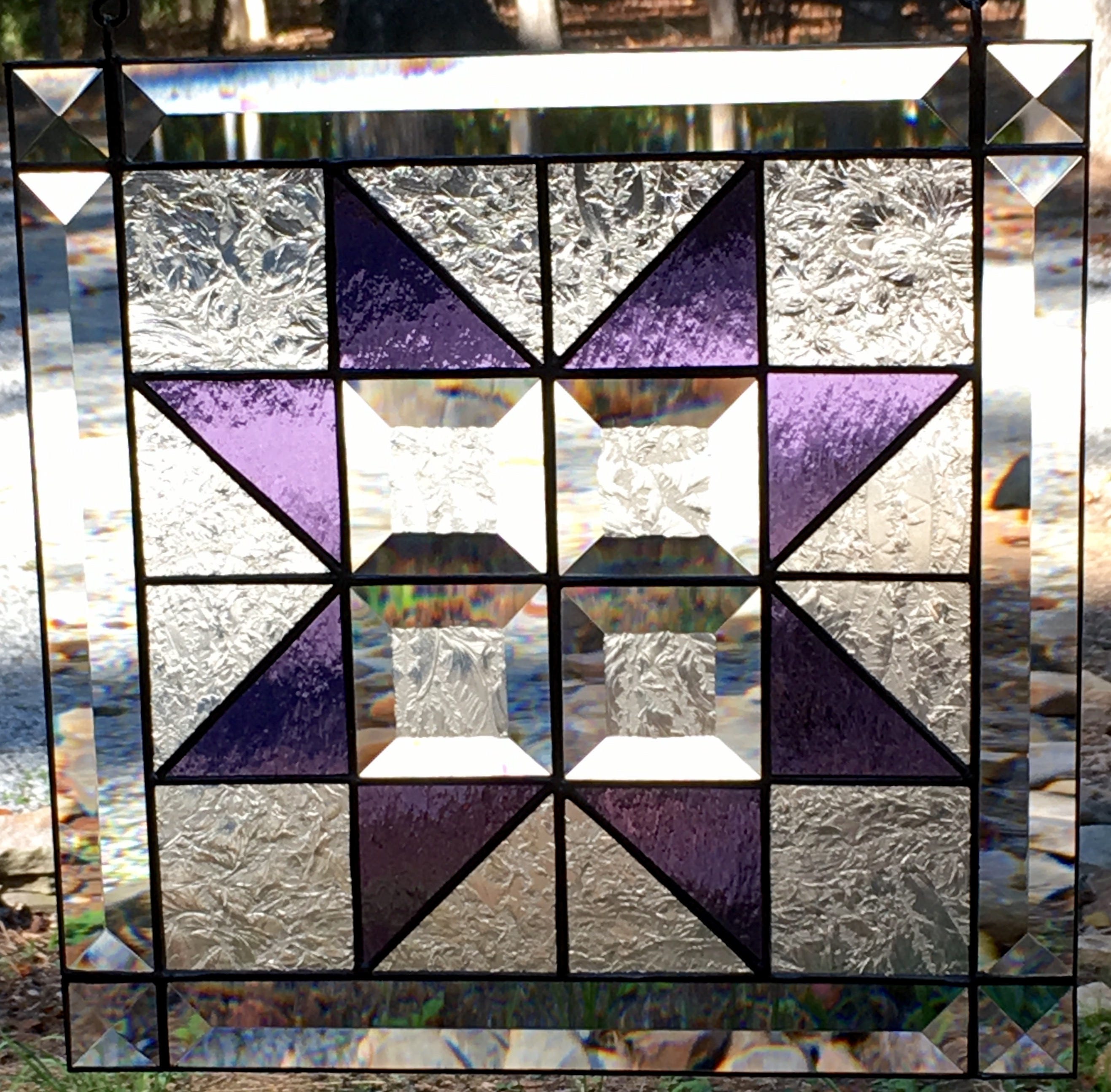 Stained Glass Window Hanging Panel Purple Quilt Block Pattern Bevels ...
