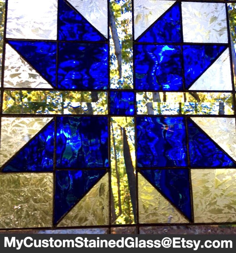 Stained Glass Window Hanging Panel Star Quilt Block Square Pattern Blue ...