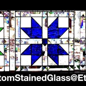Stained Glass Window Hanging Panel Star Quilt Block Square Pattern Blue ...