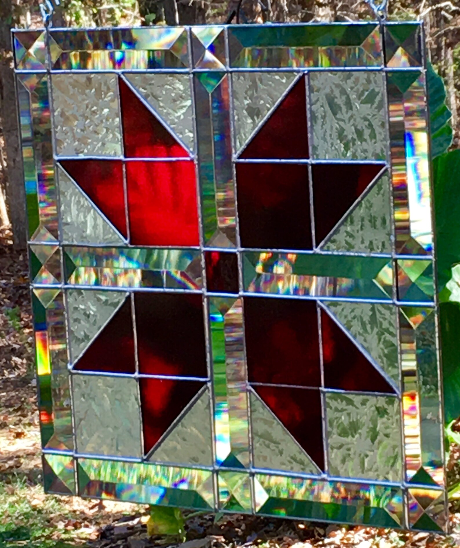 Stained Glass Window Hanging Panel Star Quilt Block Pattern Red 11" X ...