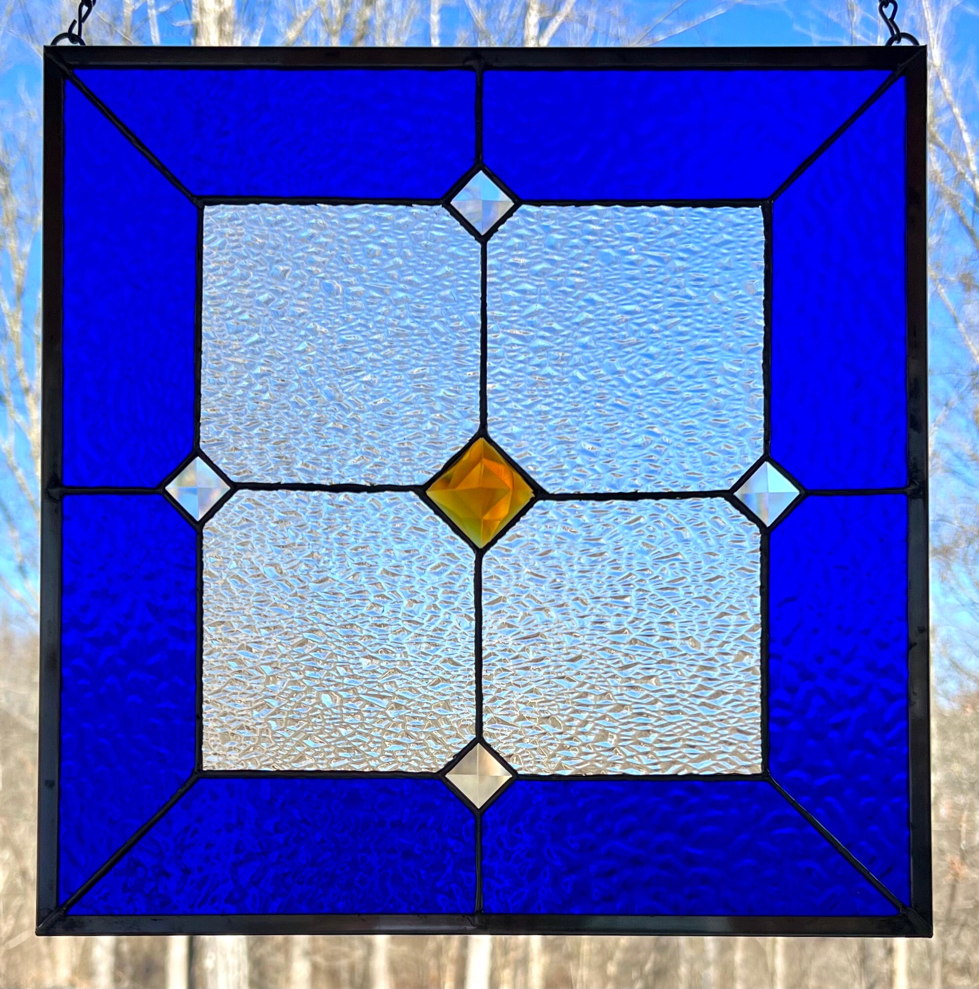 Royal Blue Stained Glass Panel With Gold Glass Jewel Bevels - Etsy