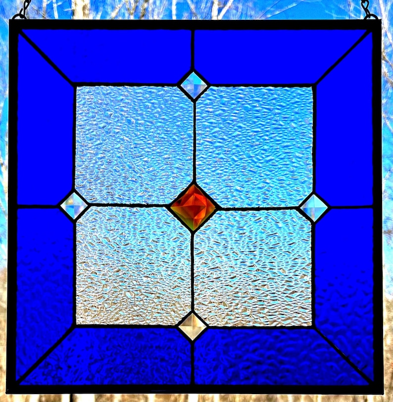 Stained Glass Window Hanging Panel Large Faceted Gold Glass Jewel Blue ...