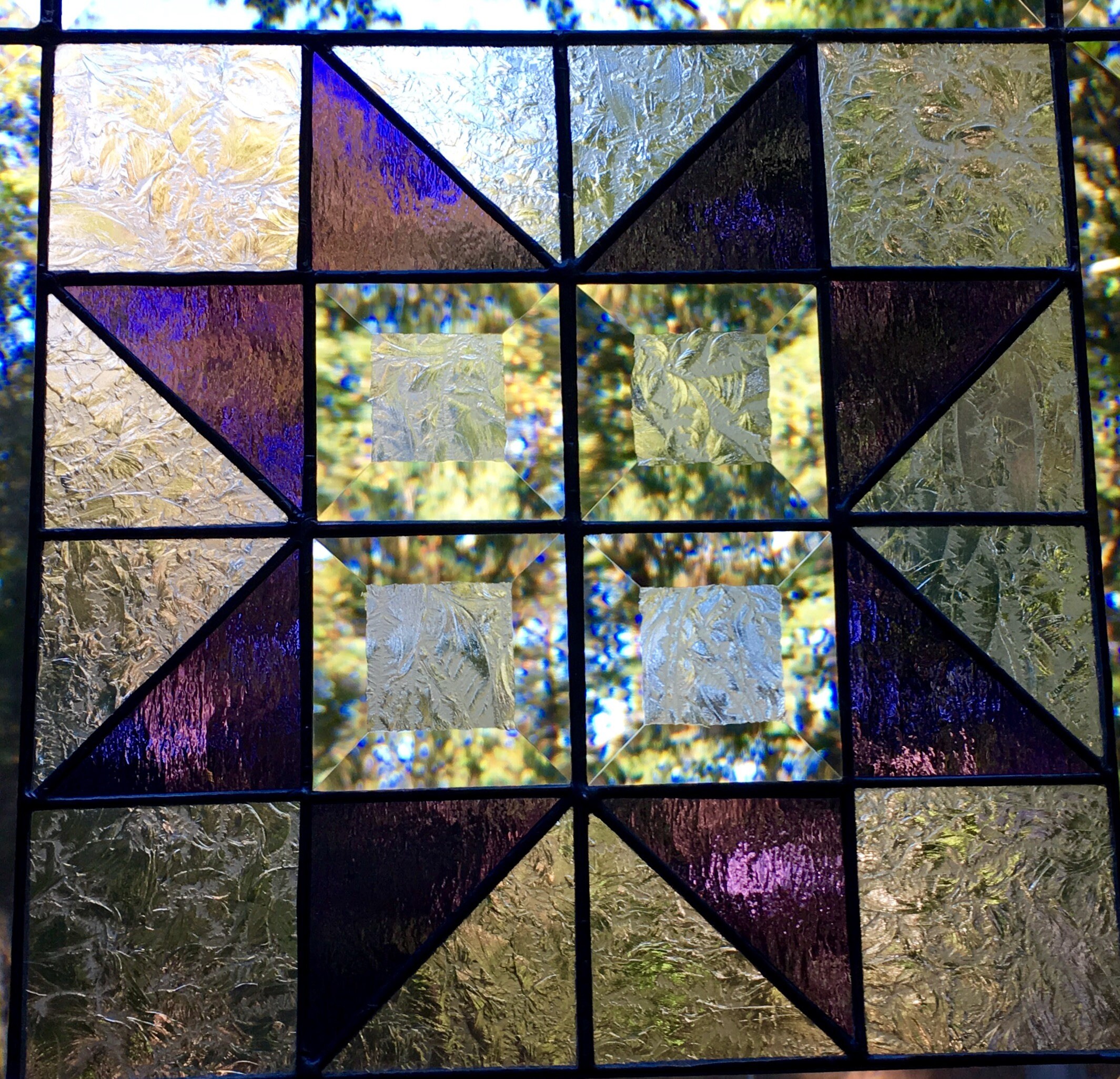 Stained Glass Window Hanging Panel Purple Quilt Block Pattern Bevels ...