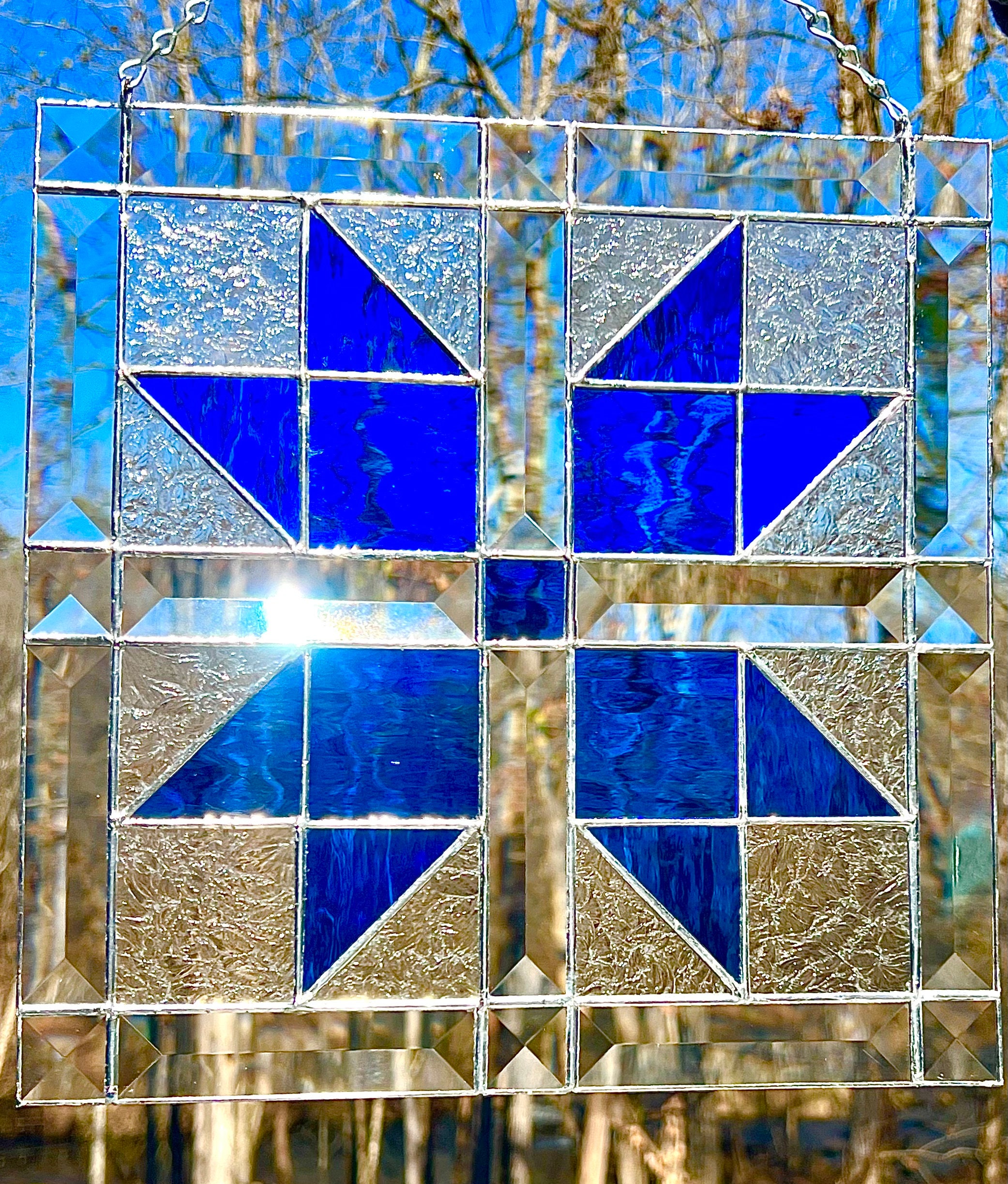 Stained Glass Window Hanging Panel Star Quilt Block Square Pattern Blue ...