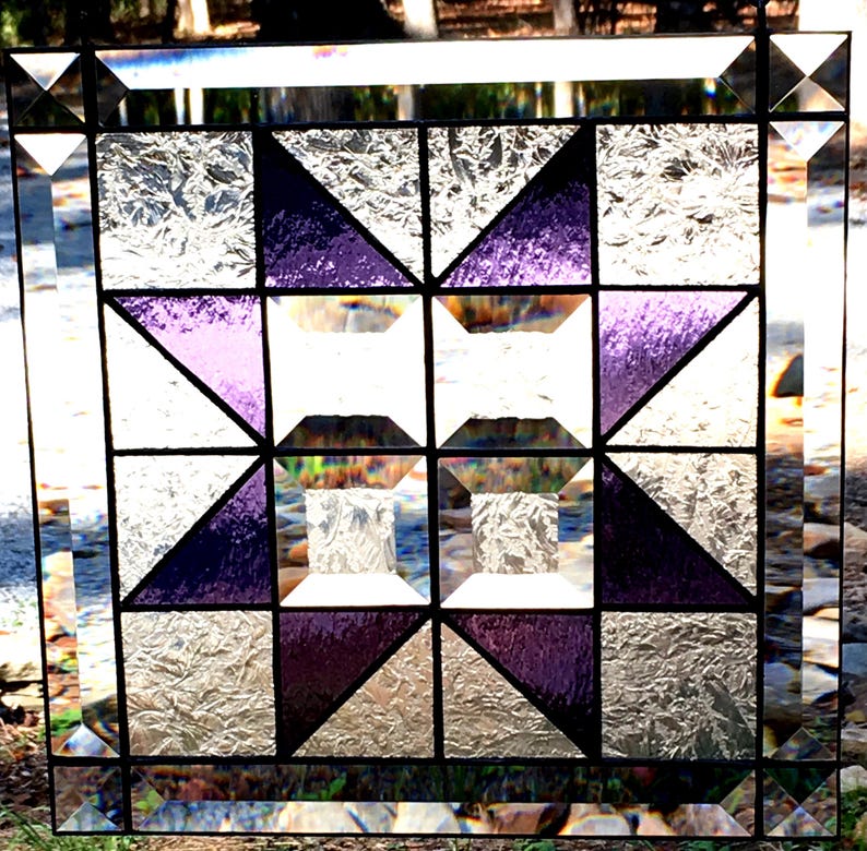Stained Glass Window Hanging Panel Purple Star Quilt Block Pattern ...