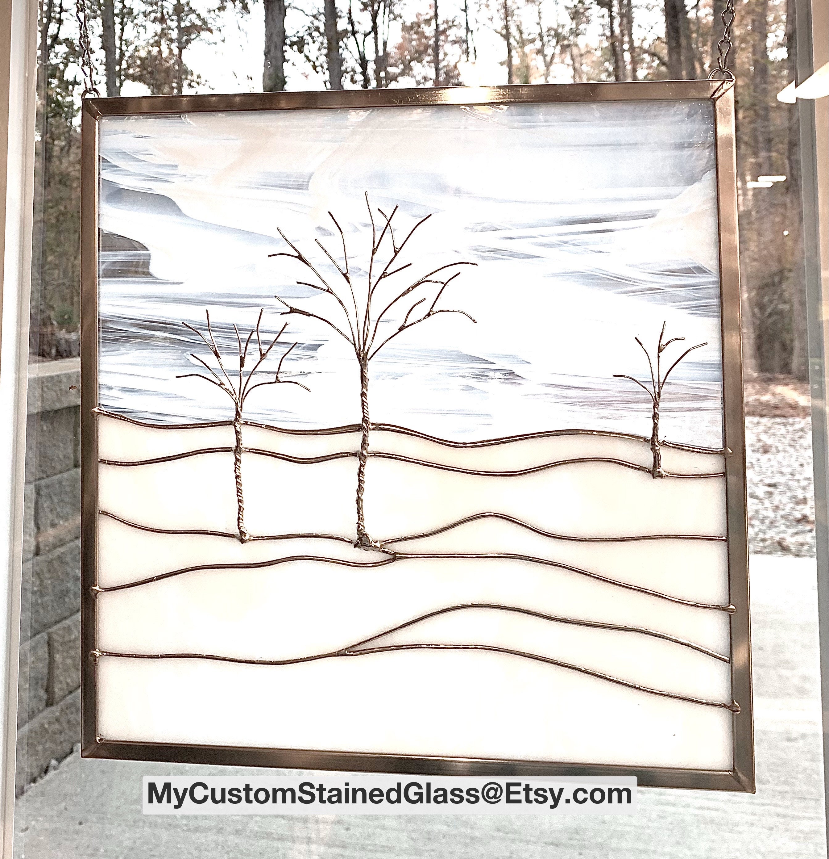 Stained Glass Window Hanging Panel Inspired by Snowy Days, White Whispy ...