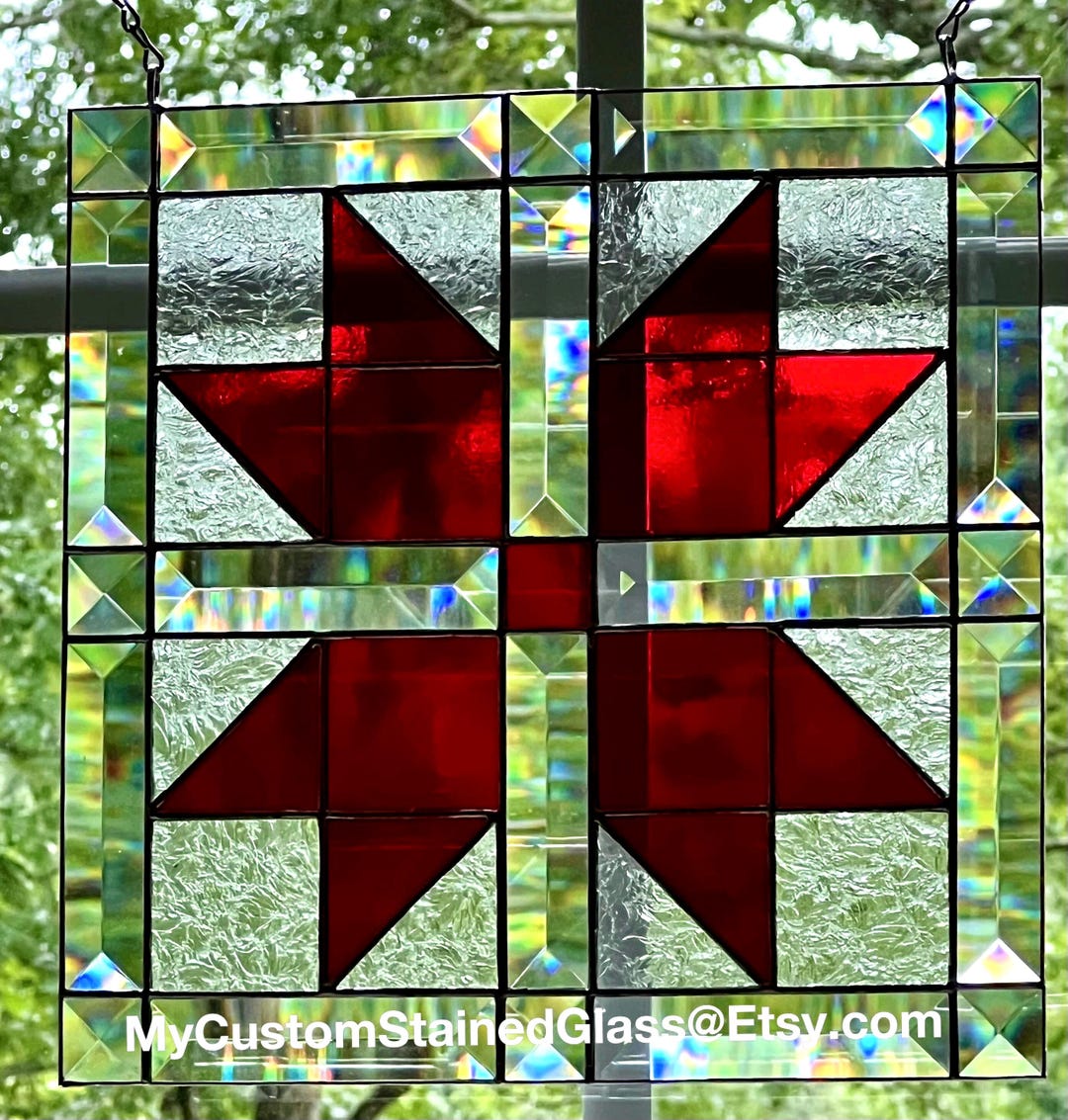 Stained Glass Window Hanging Panel Star Quilt Block Pattern Red 11" X ...
