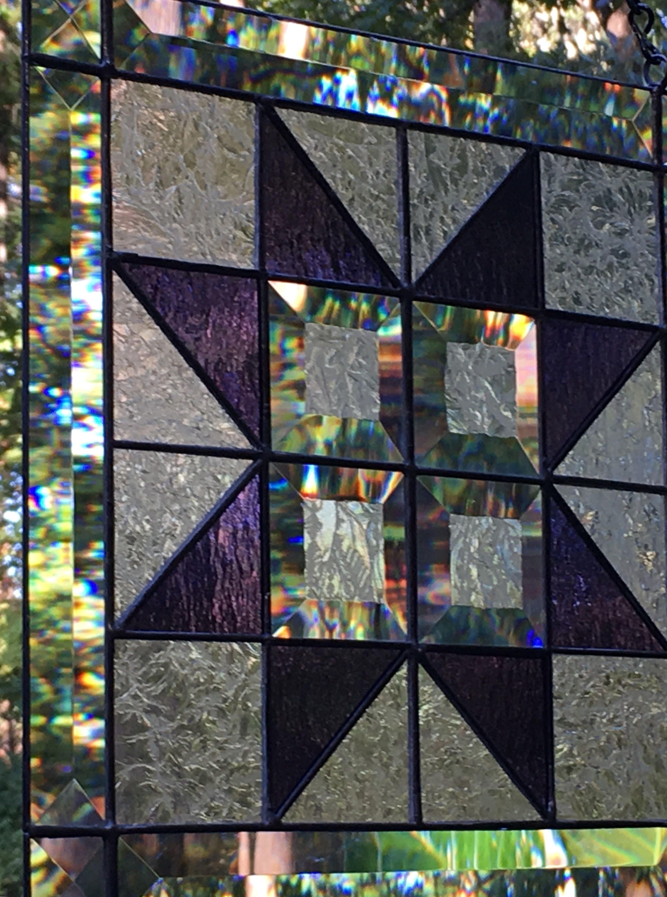 Stained Glass Window Hanging Panel Purple Quilt Block Pattern Bevels ...