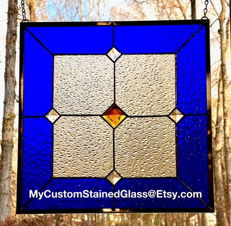Stained Glass Window Hanging Panel Large Faceted Gold Glass Jewel Blue ...