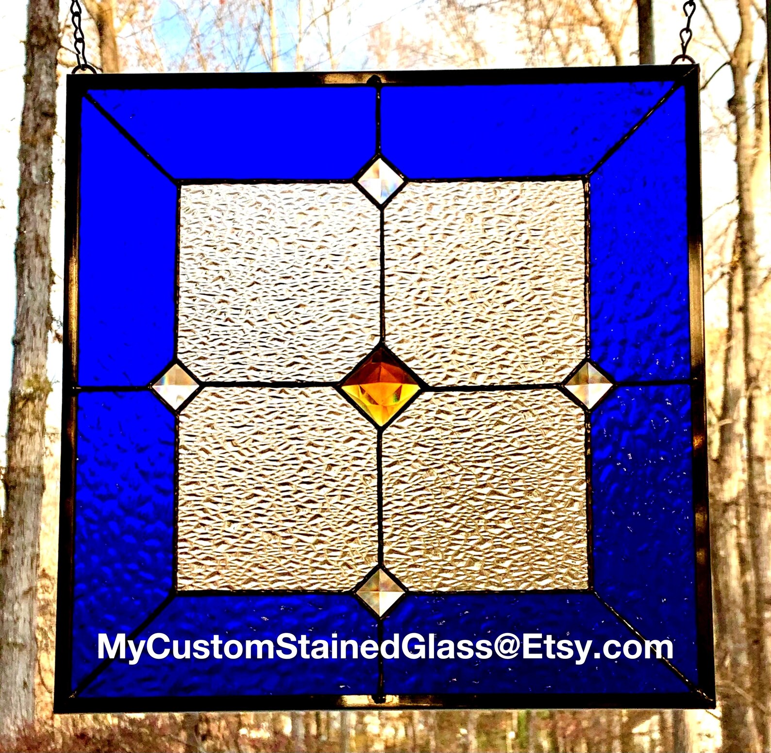 Stained Glass Window Hanging Panel Large Faceted Gold Glass Jewel Blue ...