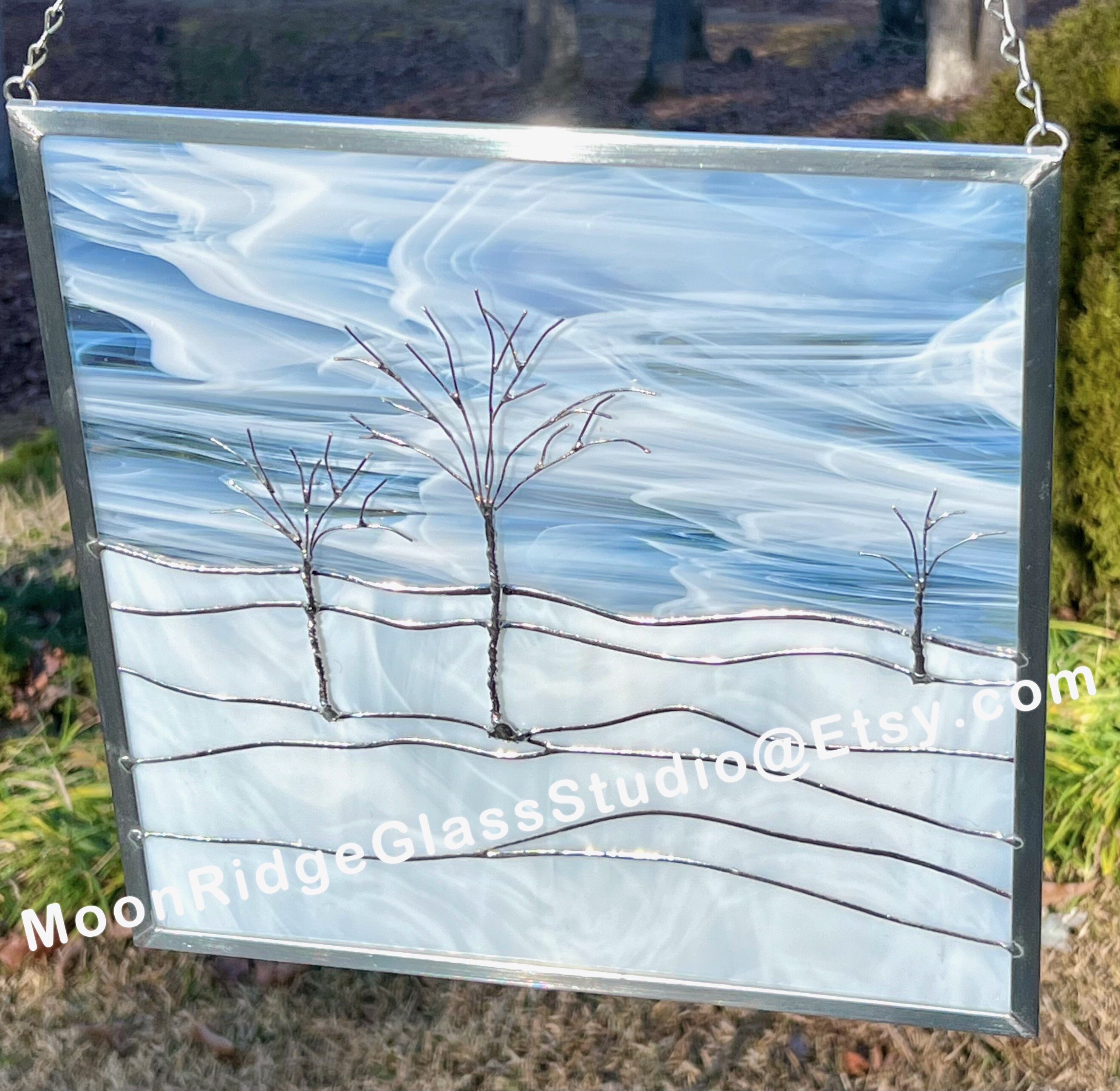 Stained Glass Window Hanging Panel Inspired by Snowy Days, White Whispy ...