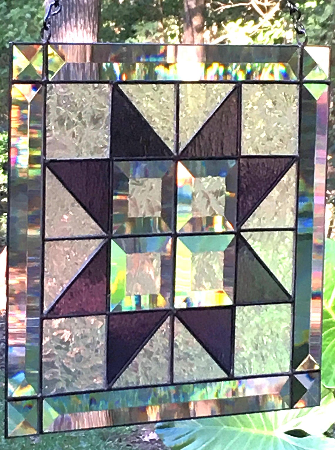 Stained Glass Window Hanging Panel Purple Star Quilt Block Pattern ...