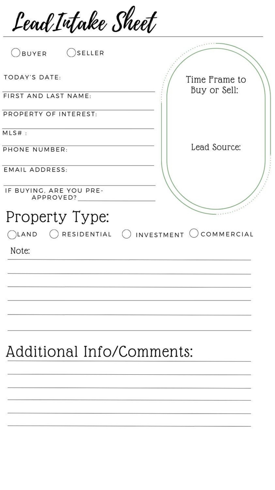 Lead Intake Sheet - Etsy