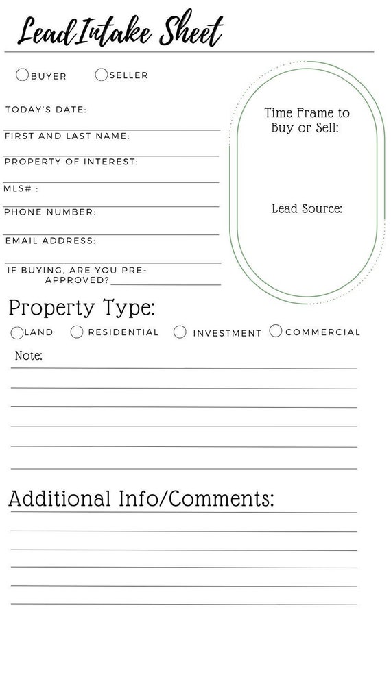 Lead Intake Sheet | Etsy