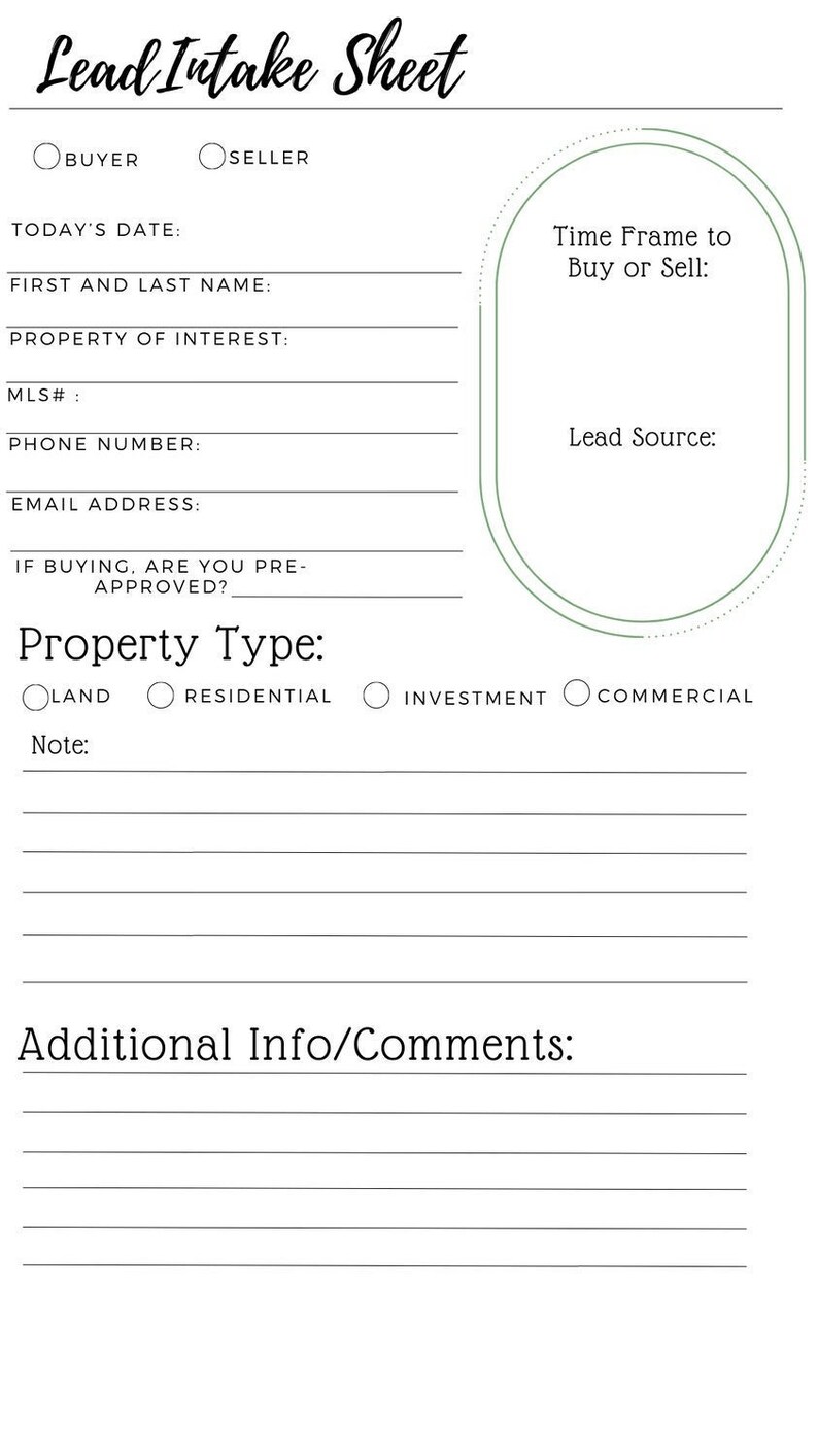 Lead Intake Sheet - Etsy