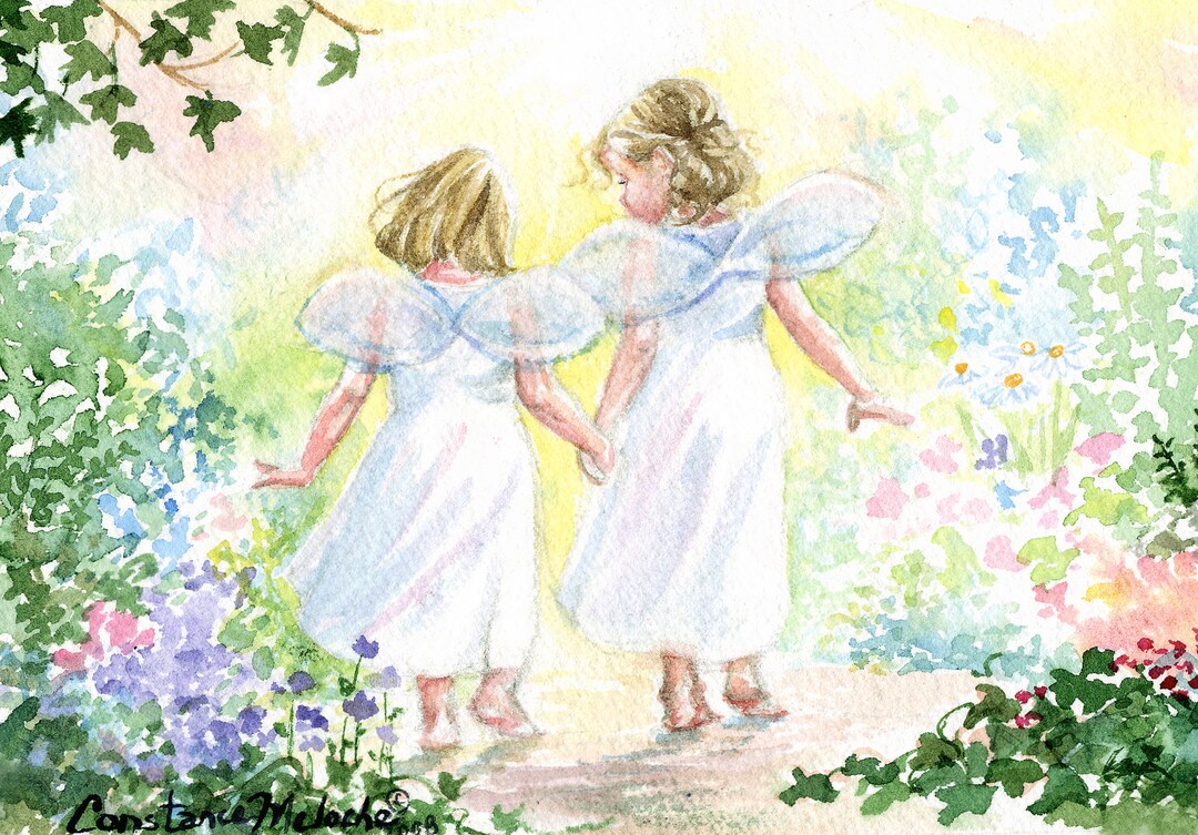 Two Little Girl Angels, Angels in Garden Giclee Art Print. - Etsy