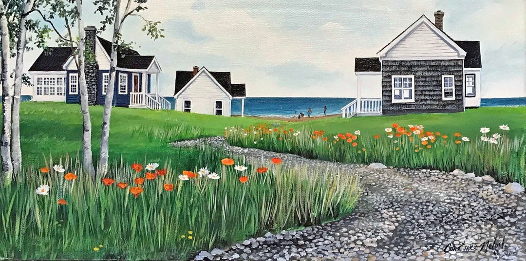 Original Painting. Tranquil Summer Coastal Landscape of Cottages and ...