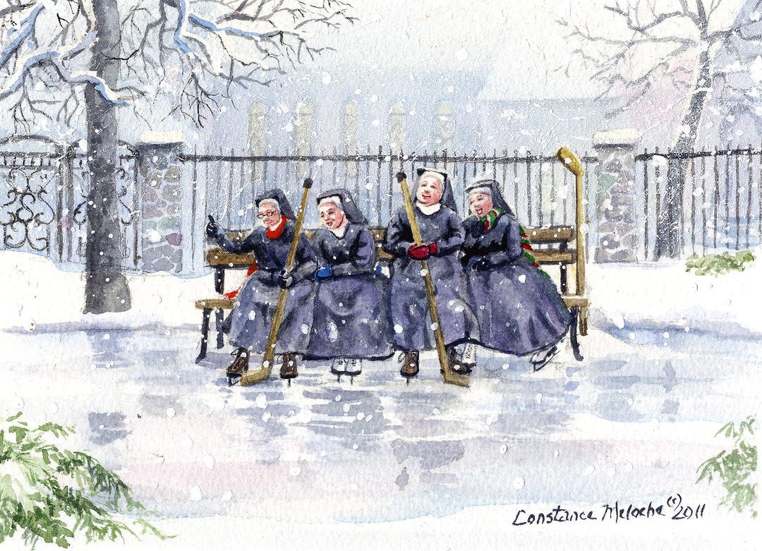 Nun Painting, Original Watercolor Painting of Nuns and Hockey, Winter ...