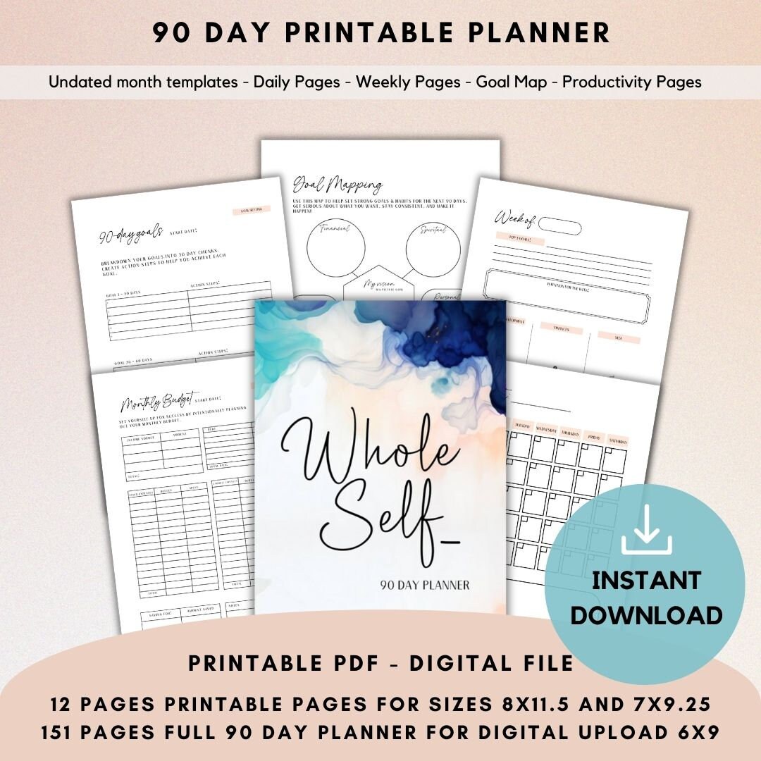 Printable 90 Day Whole Self Planner, Undated Planner, Digital Planner ...