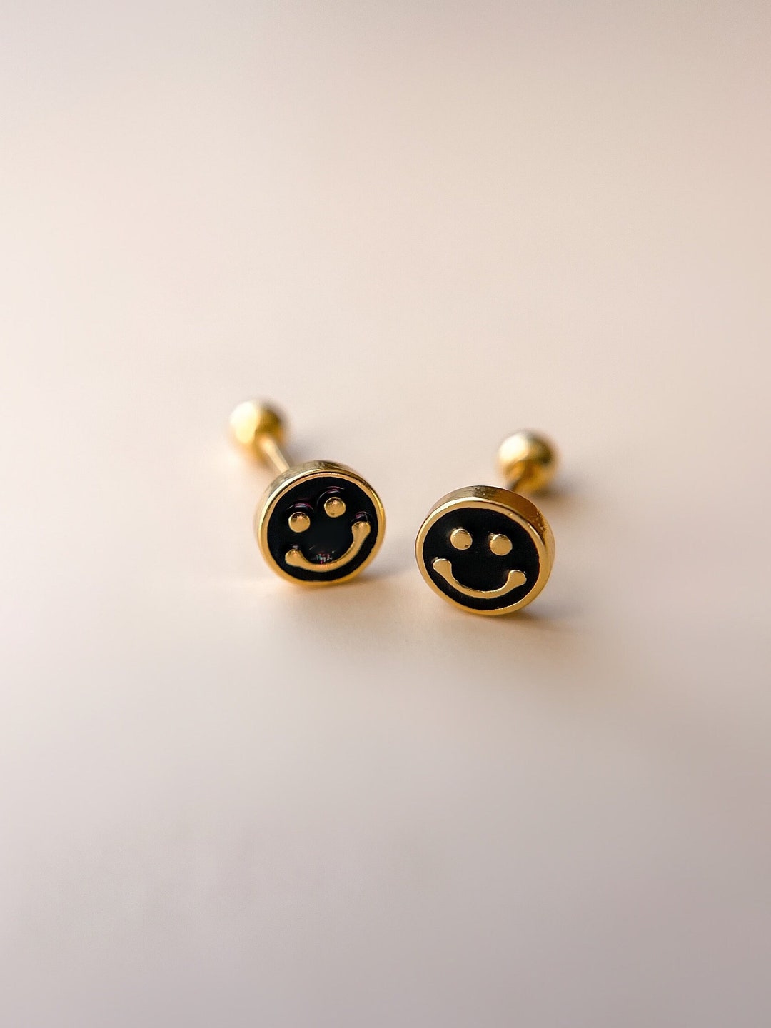 Black & Gold Smiley Gold Studs//18k Gold Filled//stud Earrings//sleep ...
