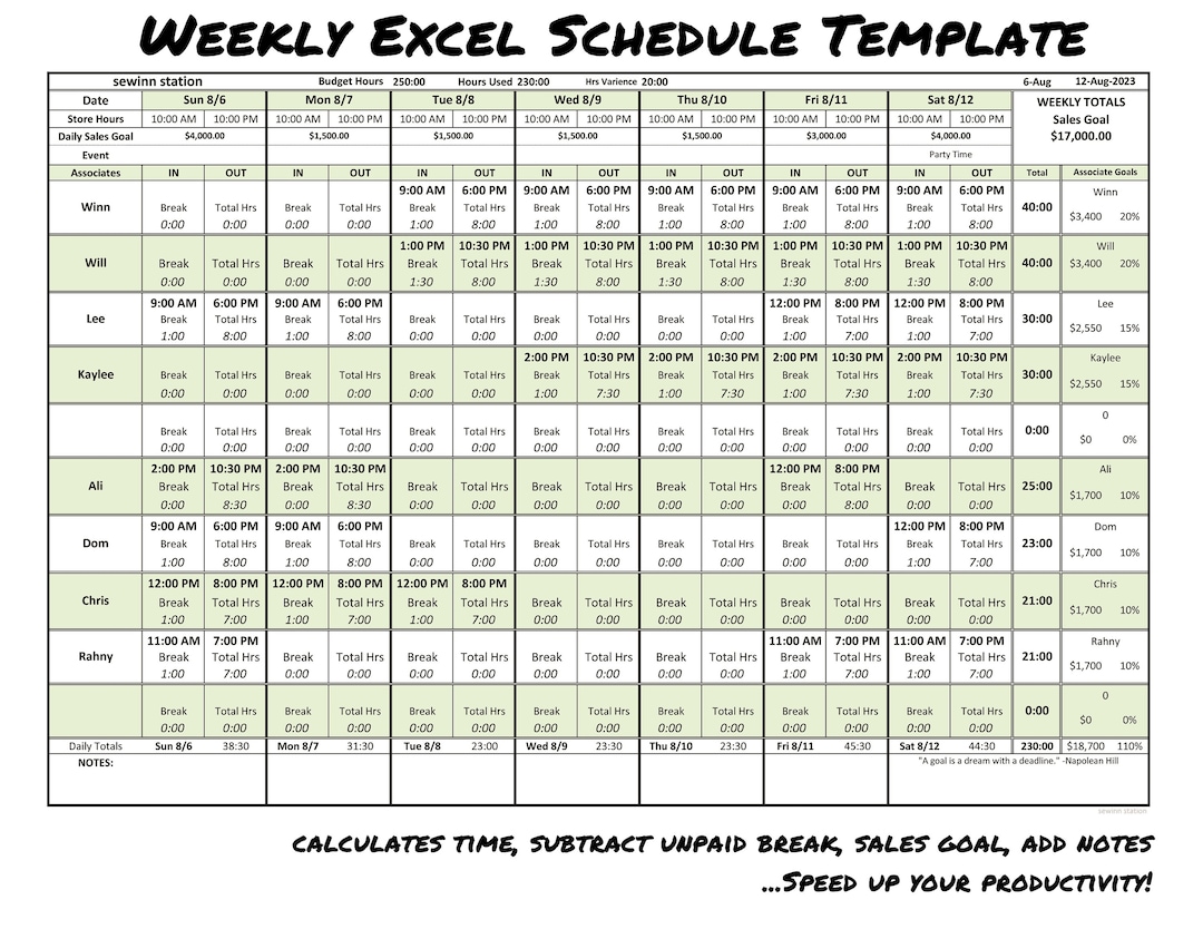 Weekly Schedule Excel Template, Calculates Time, Subtract Unpaid Break ...