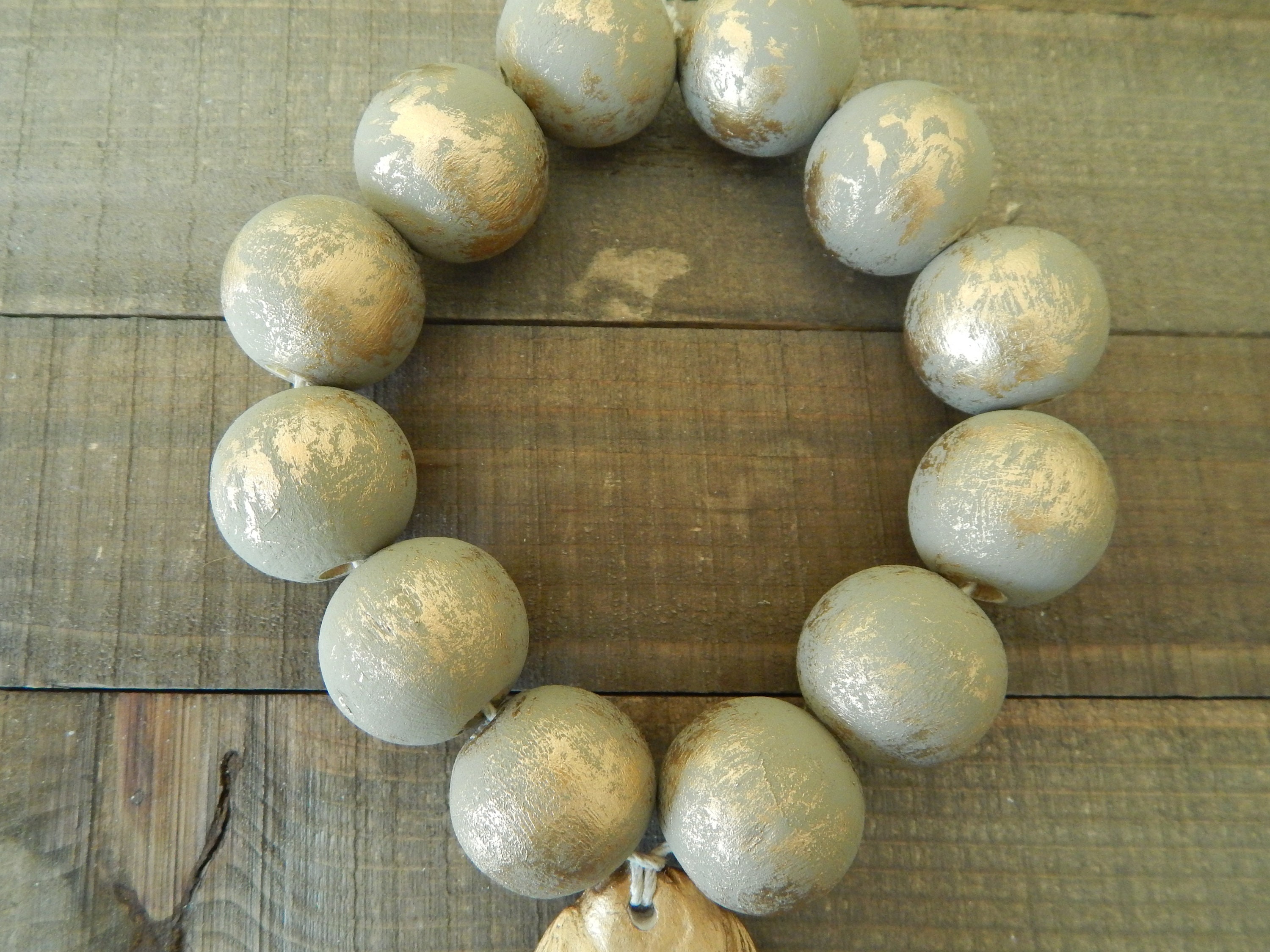 Oyster shell with wood beads, oyster shell decor, taupe and gold wood ...