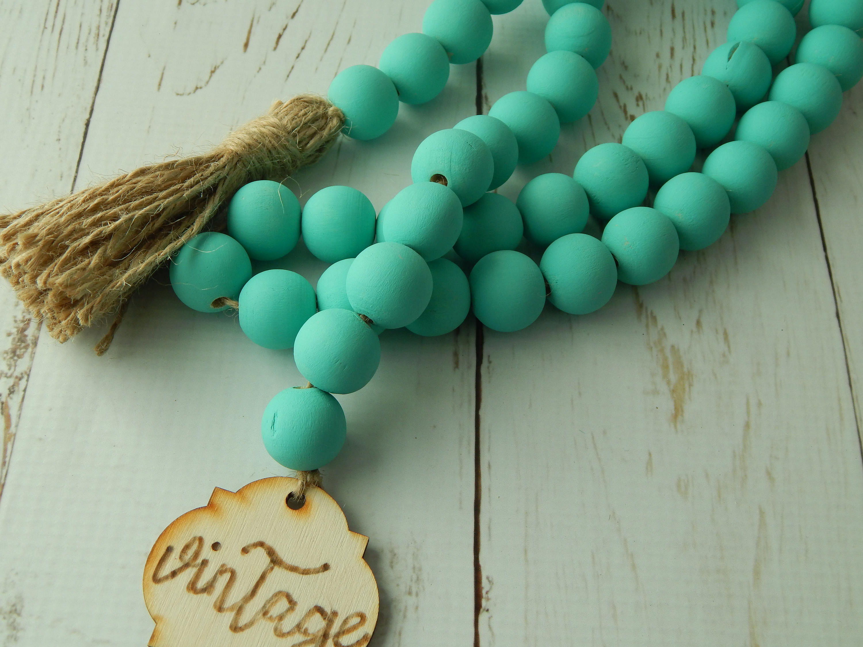Vintage Green Wood Bead Garland With Wood Tag And Jute Tassel Jewelry vintage-green-wood-bead-garland-with-wood-tag-and-jute-tassel-jewelry
