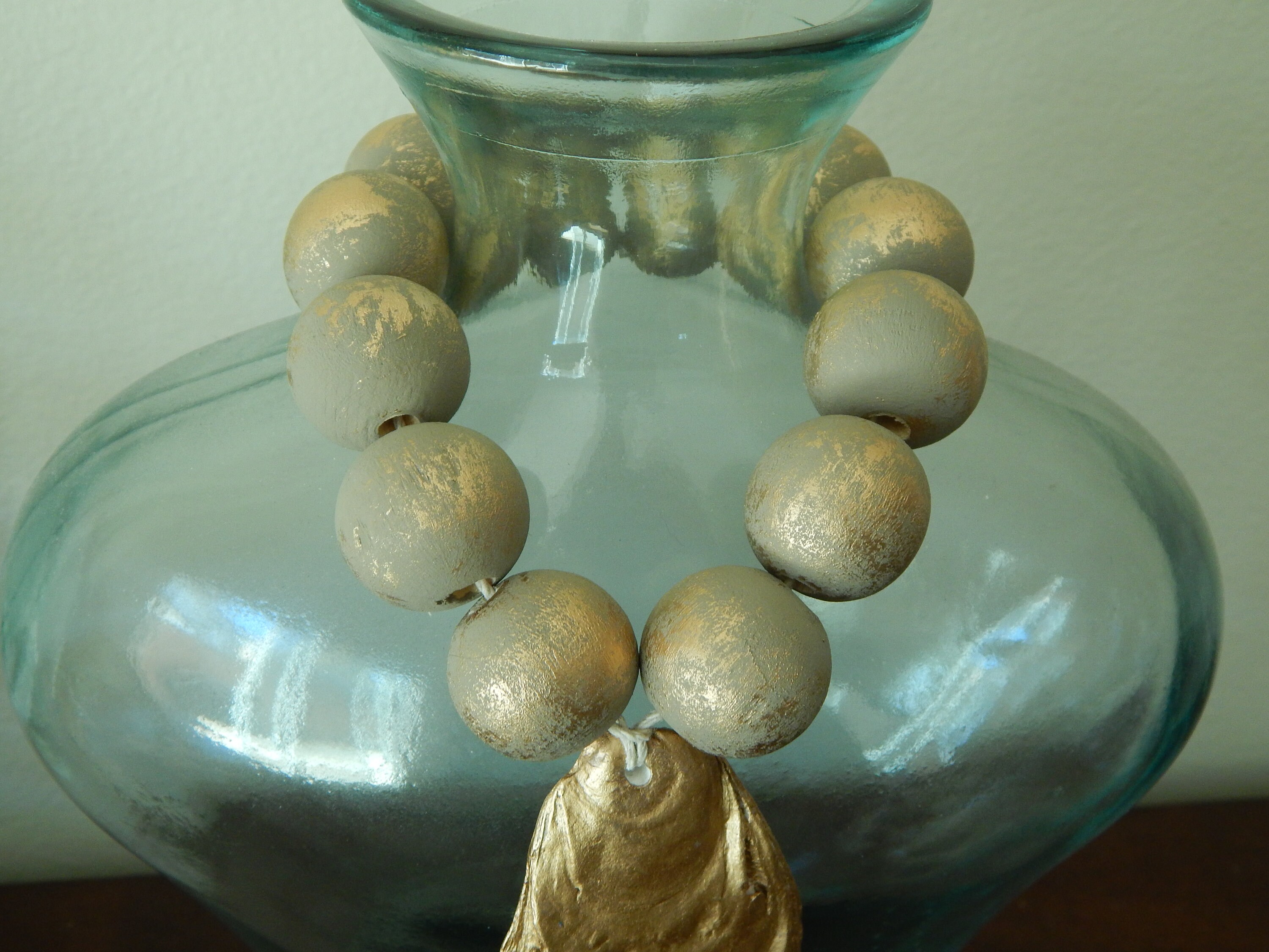 Oyster shell with wood beads, oyster shell decor, taupe and gold wood ...
