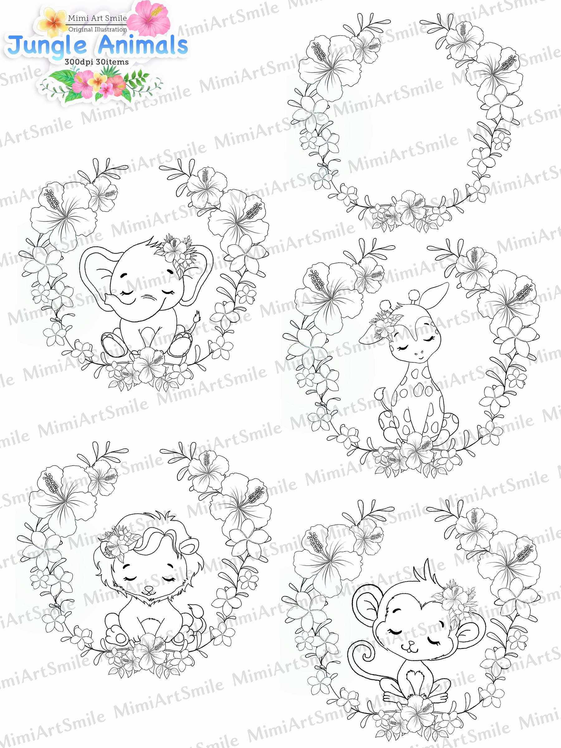 Jungle Animals Digital Stamp, Animal Clipart, Coloring, Giraffe, Monkey ...
