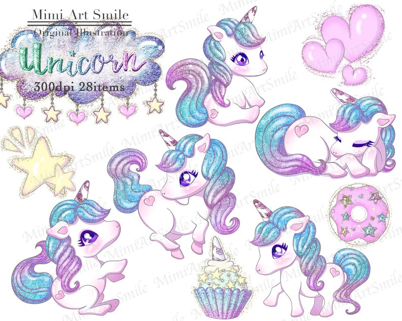 Cute Glitter Unicorn Clipart Set,rainbow Unicorns Clip Art Digital ...