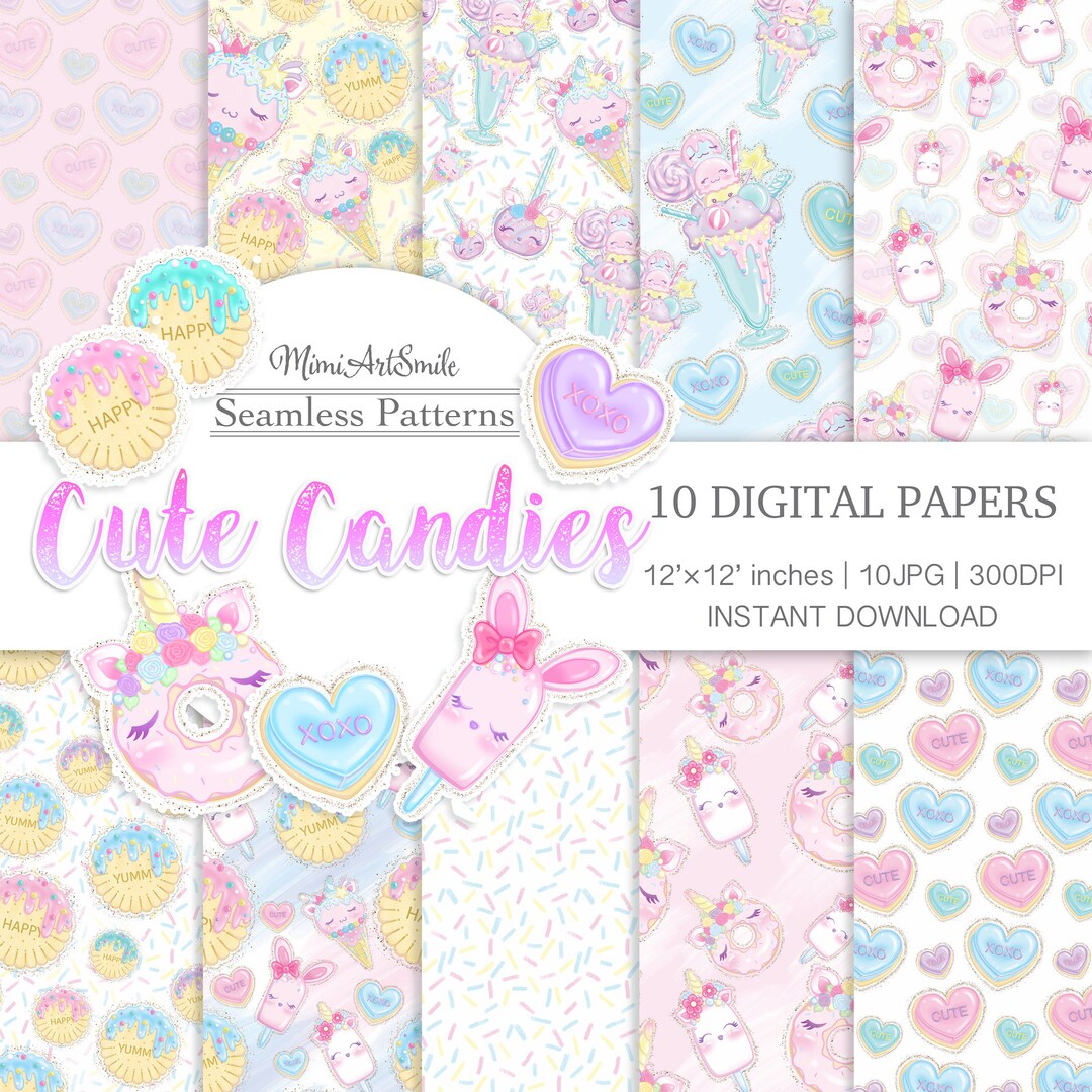 Cute Candies Digital Paper, Kawaii Candy Seamless Pattern, Ice Cream ...