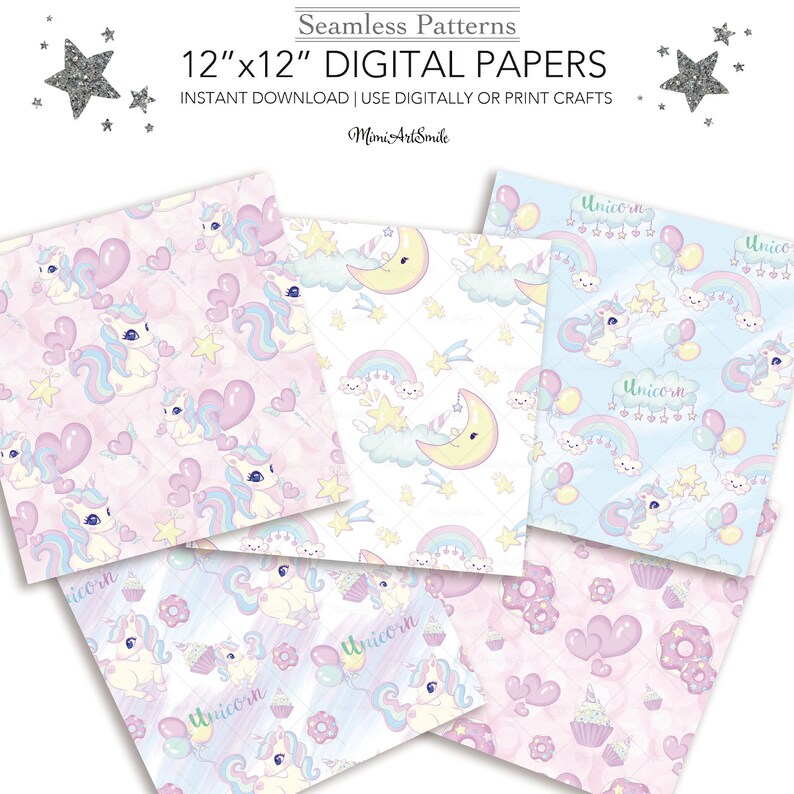 Cute Unicorn Digital Paper,rainbow Unicorns Digital Downloadable ...