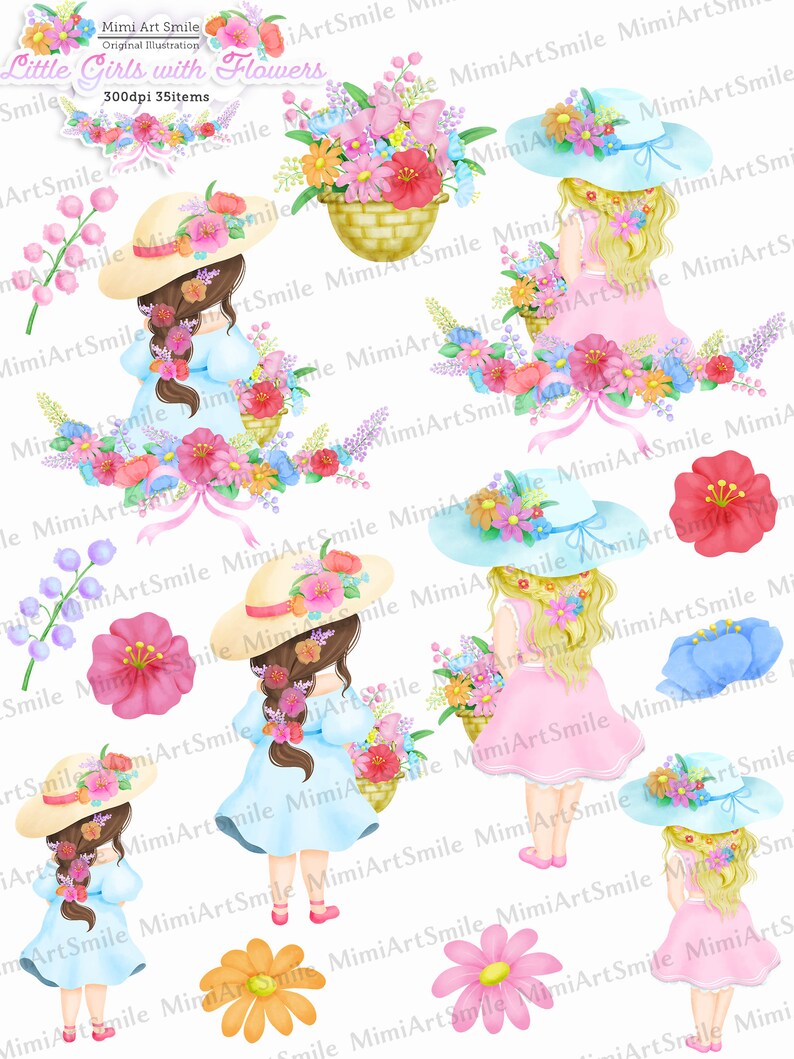 Little Girls With Flowers Clipart, Watercolor Clip Art,flower Basket ...