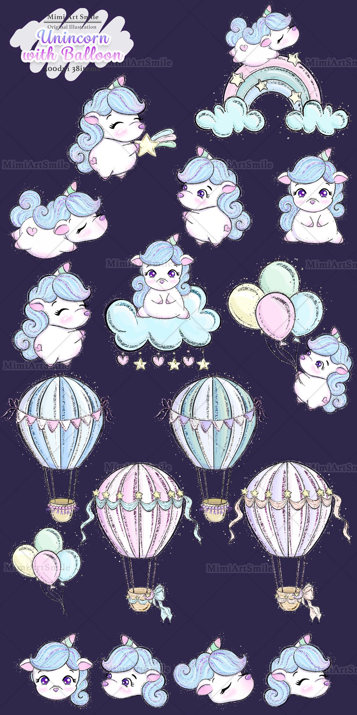 Unicorn with Balloon Clipart Cute Unicorns Hot air balloon | Etsy