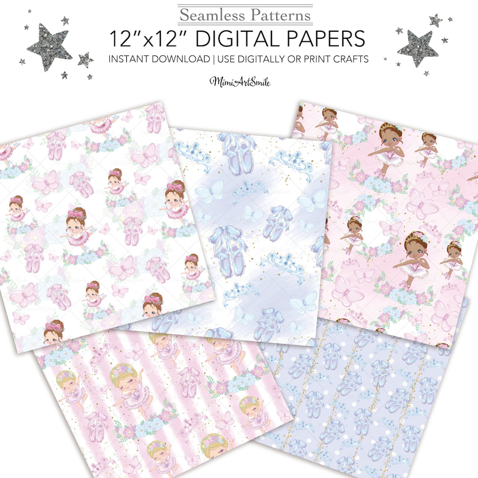 Ballerina Digital Paper, Ballet Shoes, Tiara, White Swan, Pink Blue ...