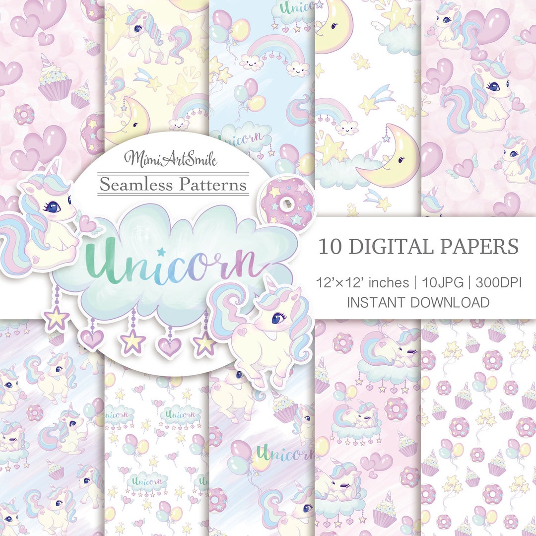 Cute Unicorn Digital Paper,rainbow Unicorns Digital Downloadable ...