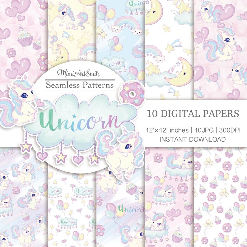 Cute Unicorn Digital Paper,rainbow Unicorns Digital Downloadable ...