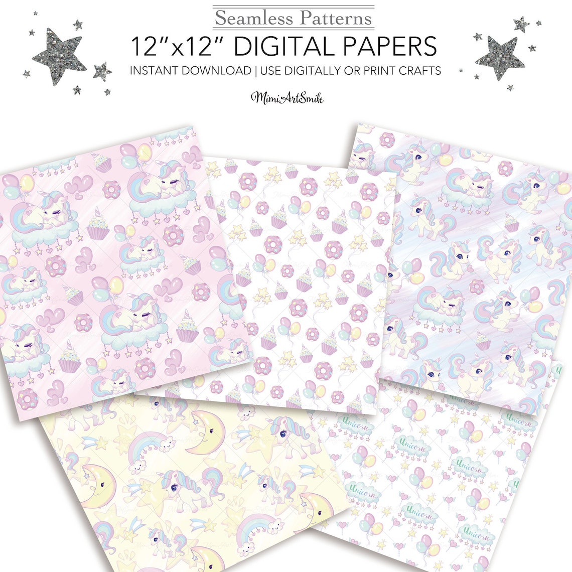 Cute Unicorn Digital Paper,rainbow Unicorns Digital Downloadable ...