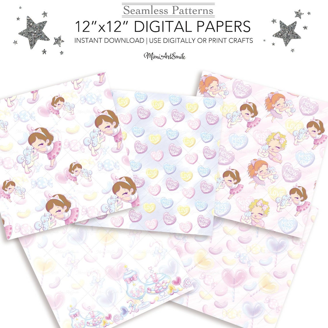 Candy Girl Digital Paper, Unicorn, Candy Herts Lollipop Jelly Bean Cute ...