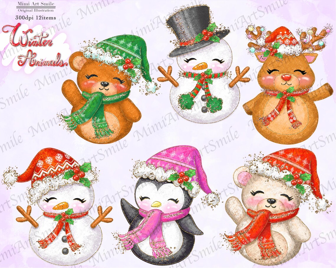 Winter Animals Clipart ,christmas Animal Clip Art Bear Penguin Reindeer ...