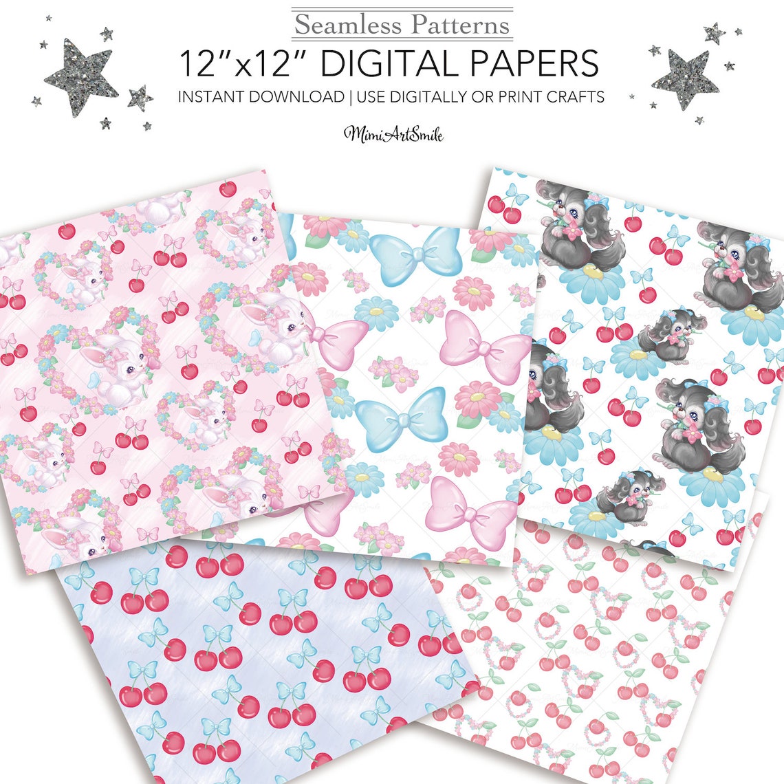 Animal With Cherry Digital Paper,bambi Bird Dog Sheep Rabbit, Cute ...