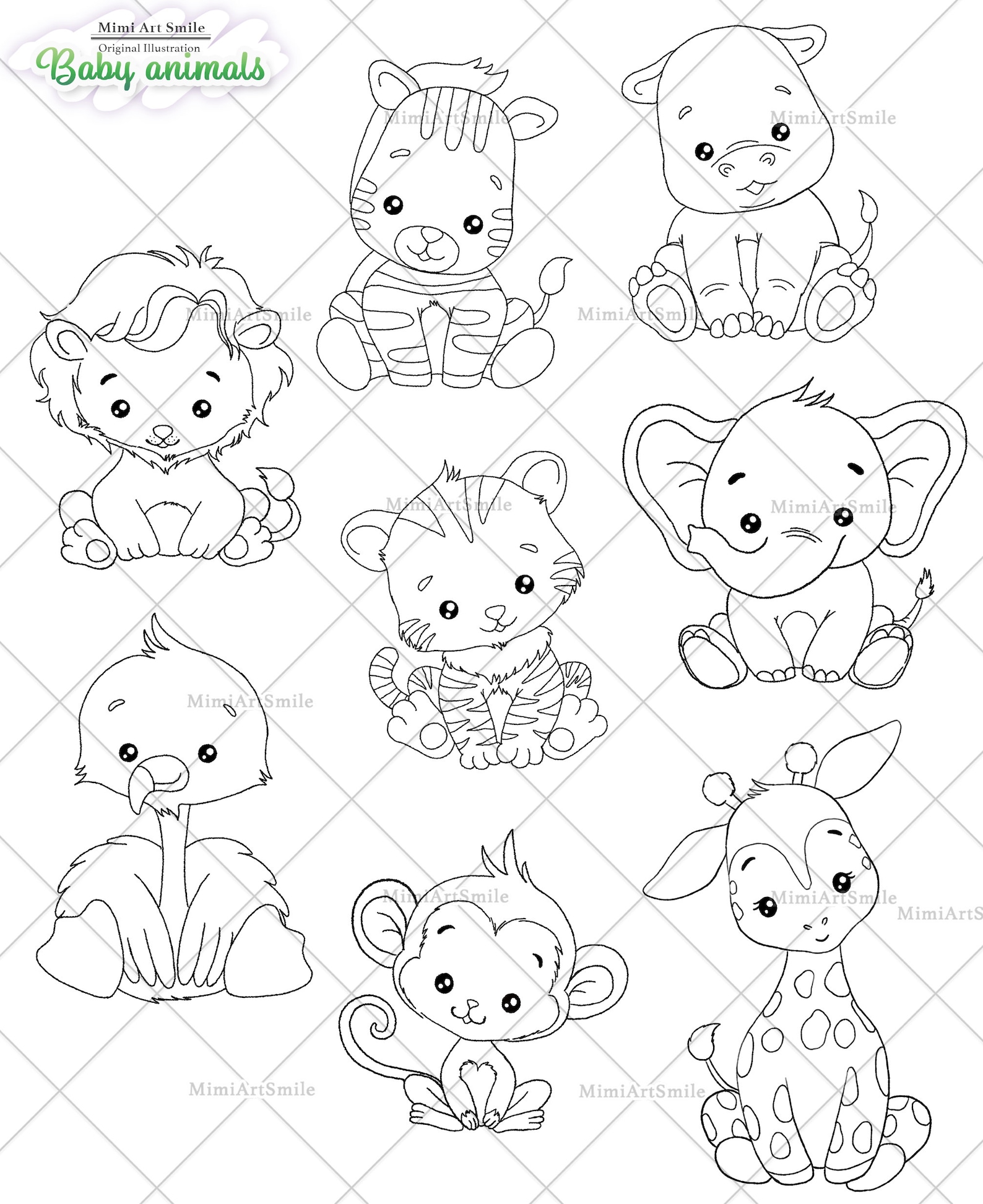 Jungle Safari Baby Animals Digital Stamp, Animal Clipart, Coloring ...