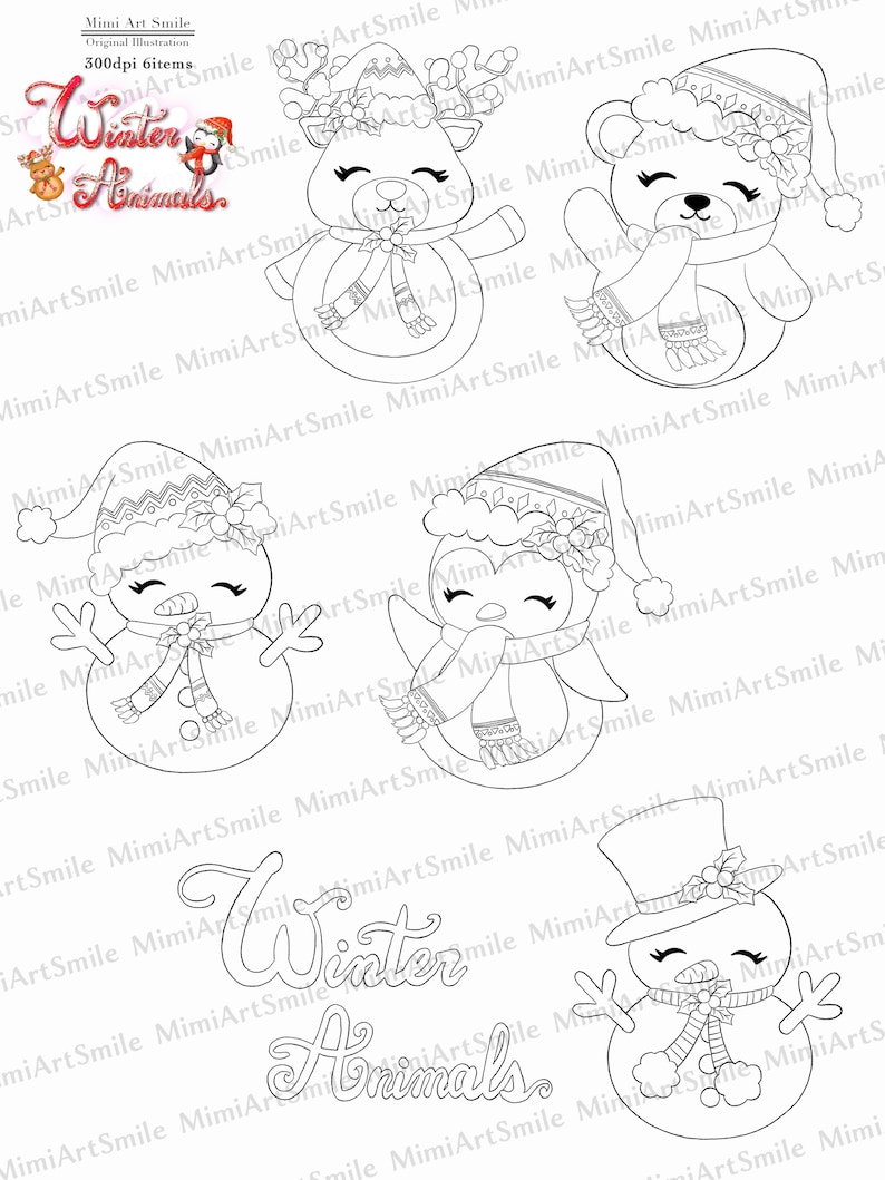 Winter Animals Digital Stamp ,christmas Animal Clip Art, Black and ...