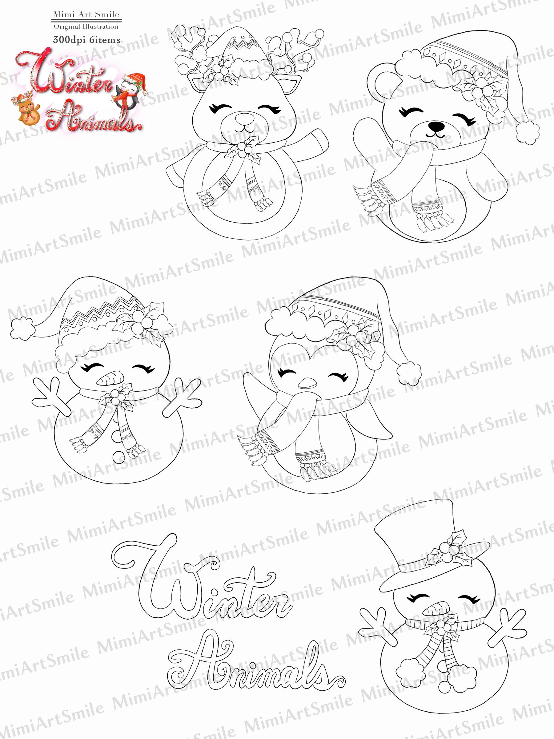 Winter Animals Digital Stamp ,christmas Animal Clip Art, Black and ...